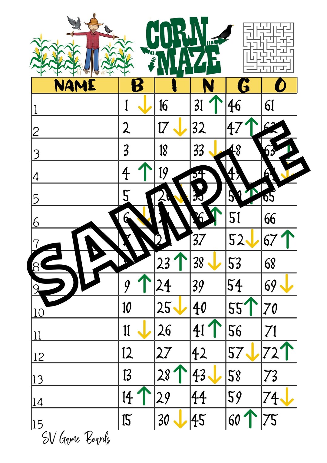 Corn Maze Arrows Bingo mixed, Straight, Blank - Etsy