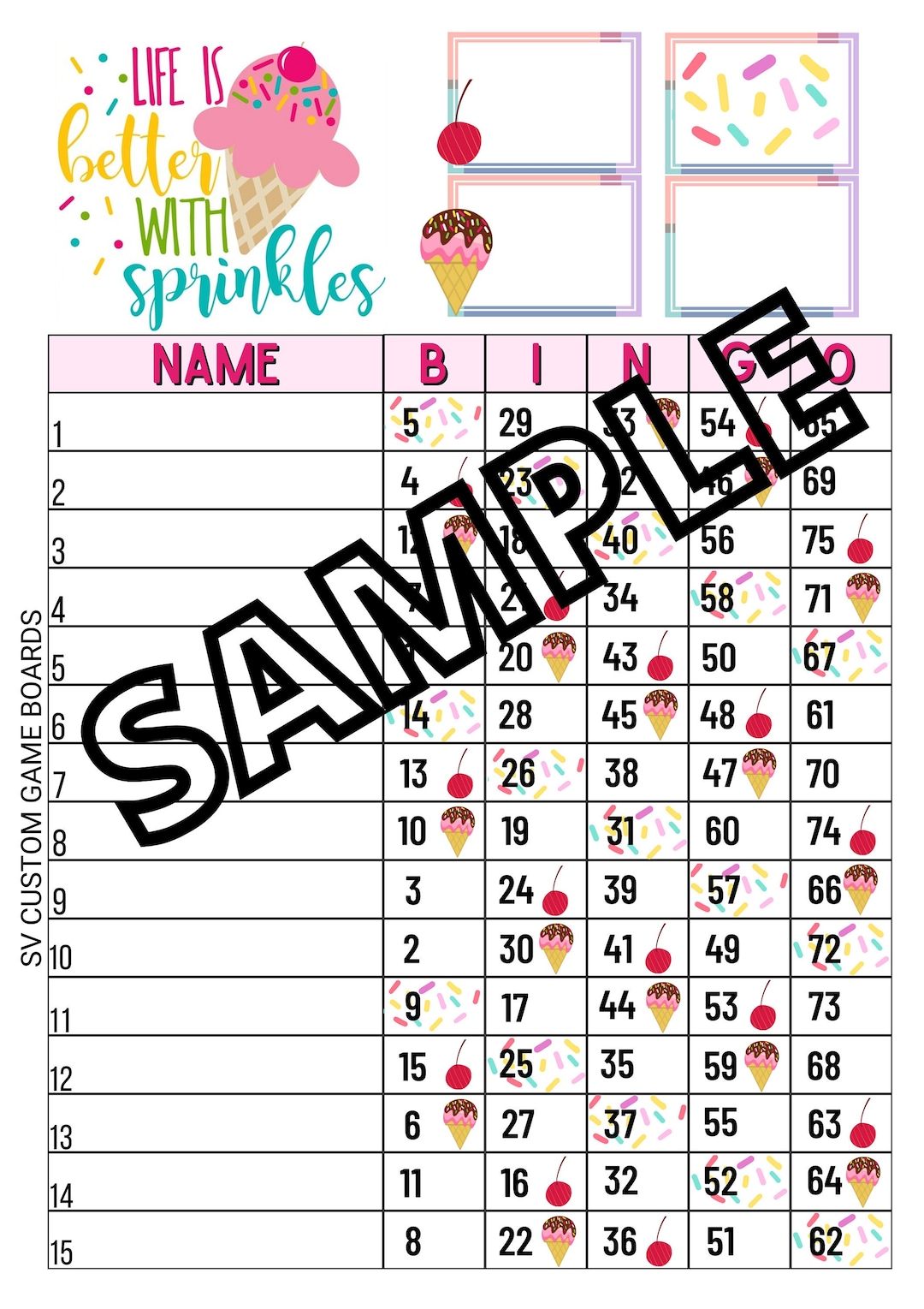 Ice Cream Sprinkles Bingo (mixed, Straight, Blank) - Etsy