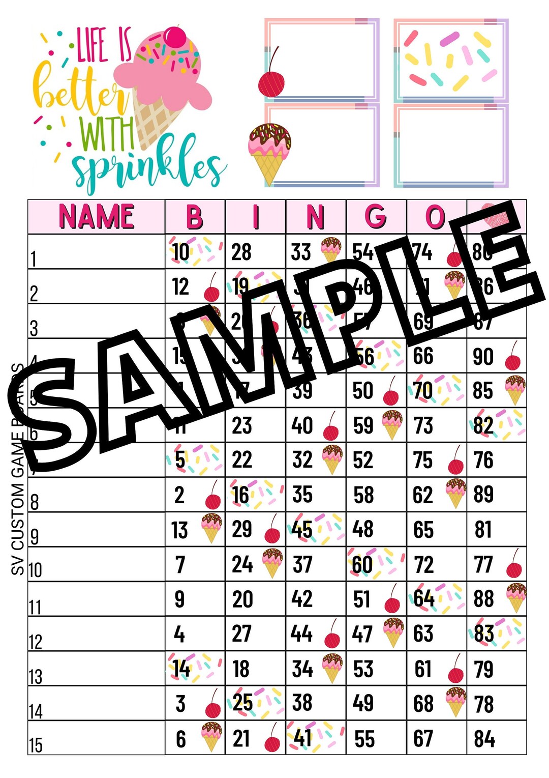 Ice Cream Sprinkles 90 Ball 15 Lines Bingo (mixed, Straight, Blank) - Etsy