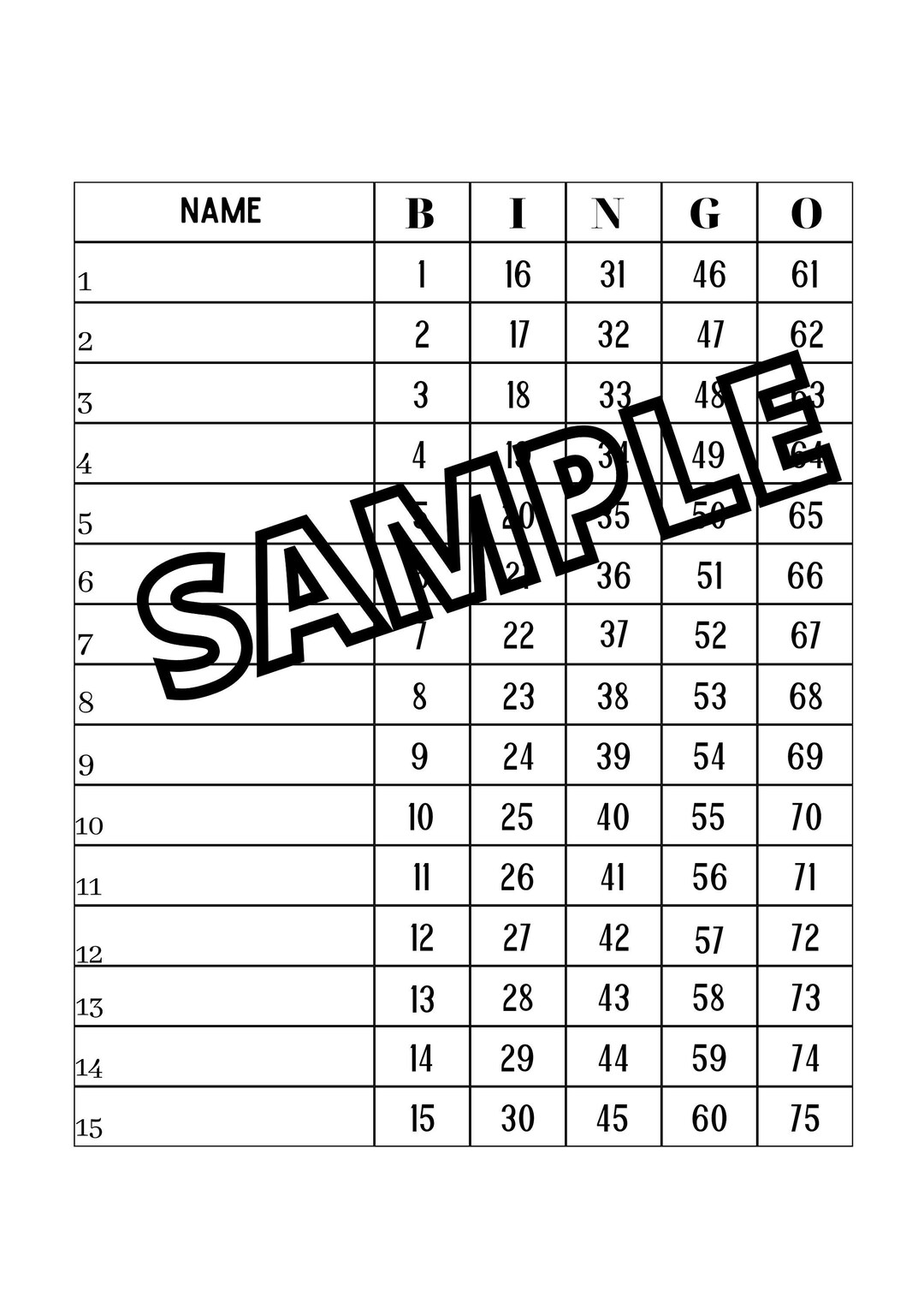 1-15 Straight Bingo Board (straight,blank) - Etsy Canada