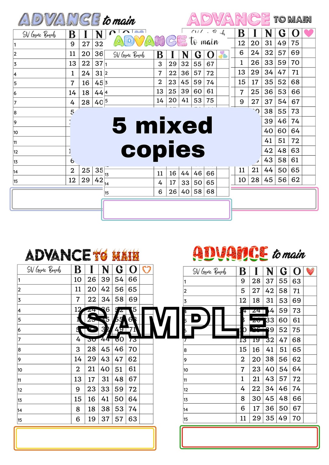 5 Advance to Main Bingo Sheets (mixed) - Etsy
