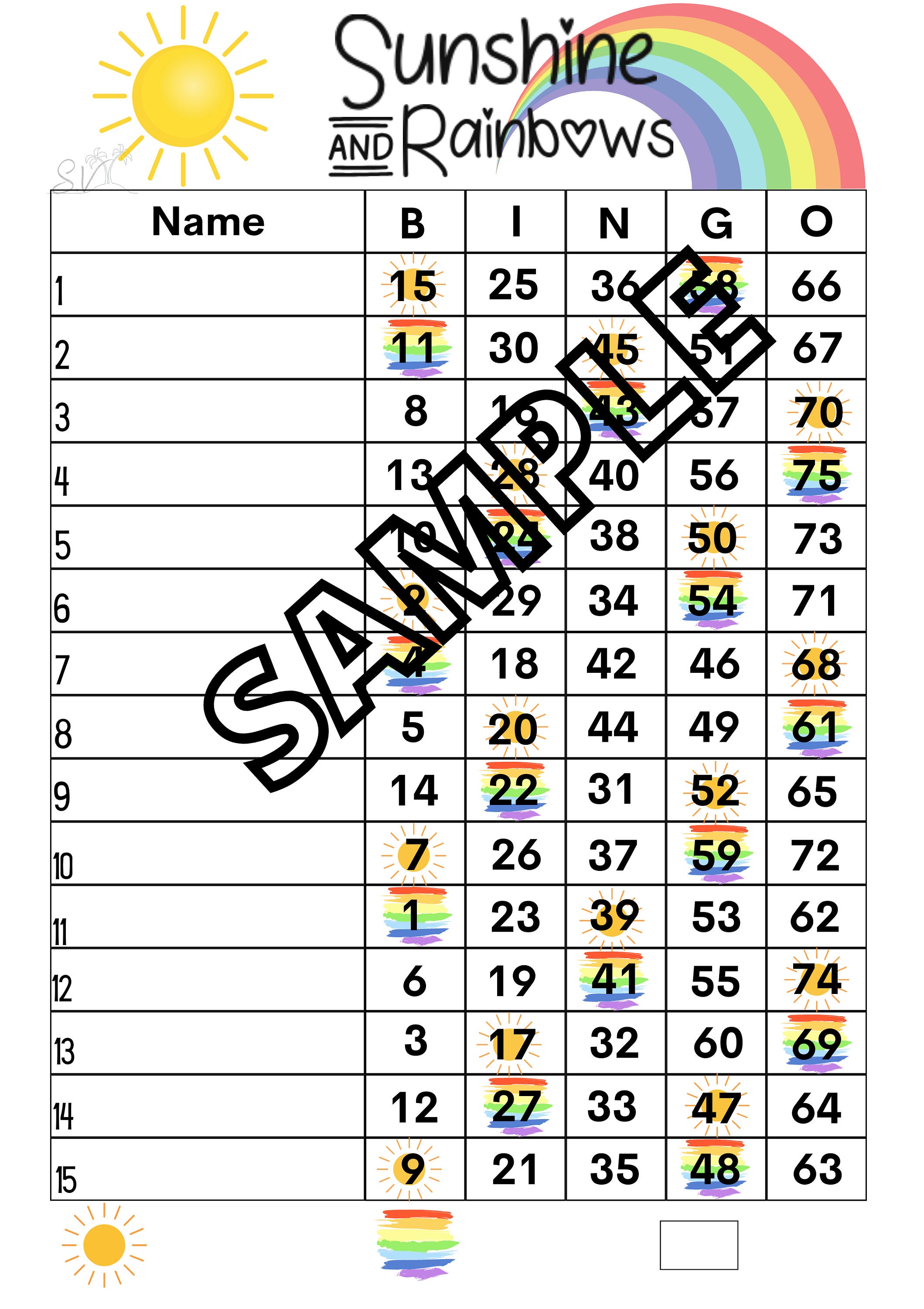 Sunshine and Rainbows Bingo (mixed, Straight, Blank) 1-15 Line (75 Ball ...