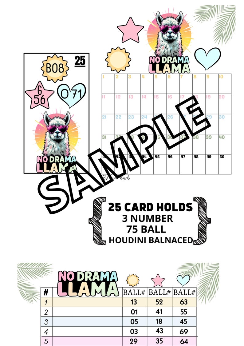 No Drama Llama Holds - 3 Number, 25 Card, Master and Call Sheet - Etsy