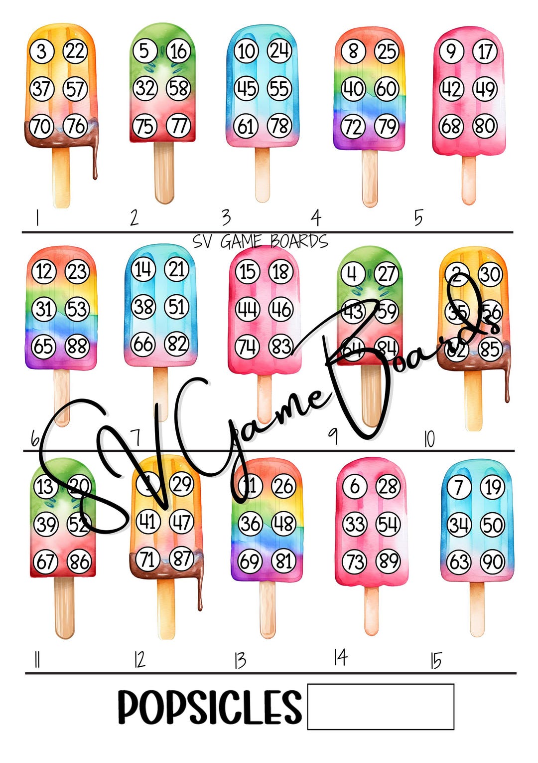 Popsicles Bingo 90 Ball 15 Line (mixed, Straight, Blank) - Etsy