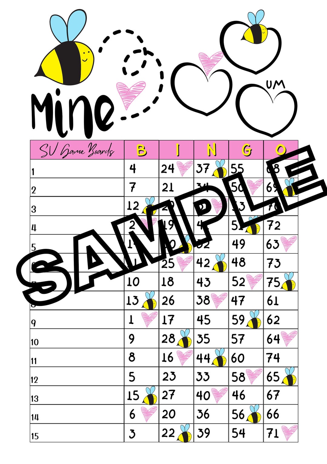 Bee Mine Bingo 1-15 Line (mixed, Straight, Blank) - Etsy