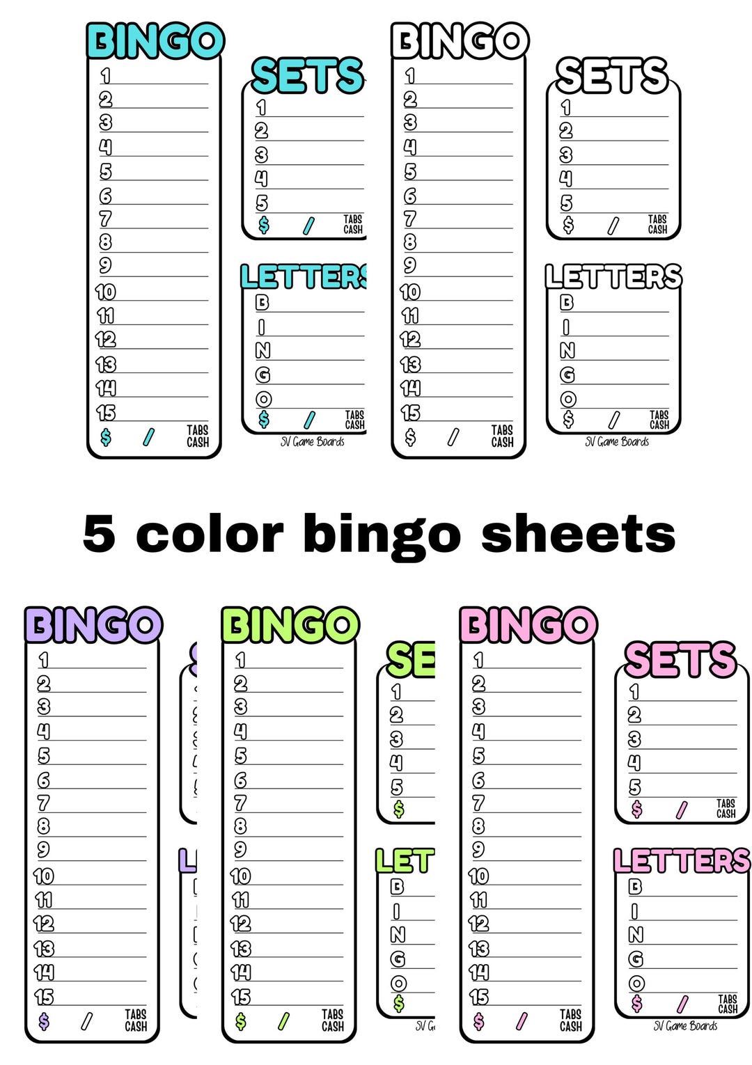 Bingo Sheets 15 Line/number Set/letter Set (5 Colors Included) - Etsy