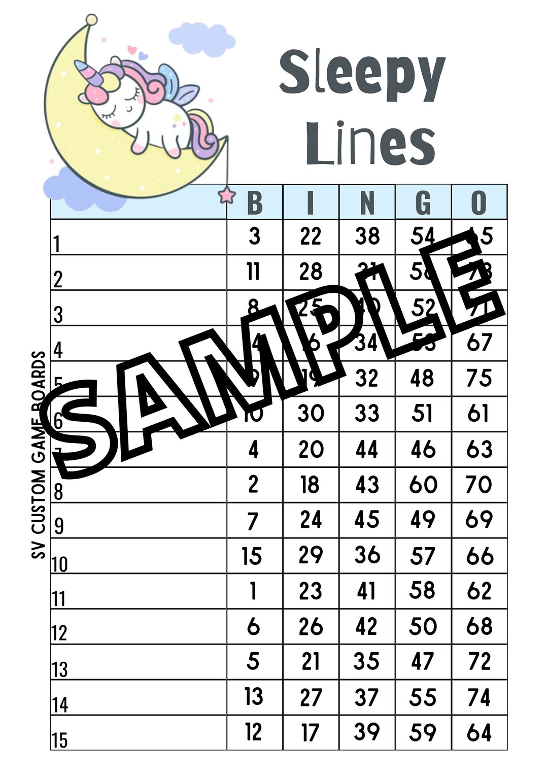 Sleepy Lines Bingo Unicorn (mixed, Straight, Blank) - Etsy