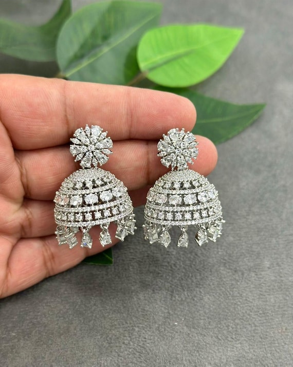 GemoroJewel Exquisite High Quality American Diamond Jhumka Earrings Indian Jewelry Ad Jhumka Set Bridal Jewelry Set