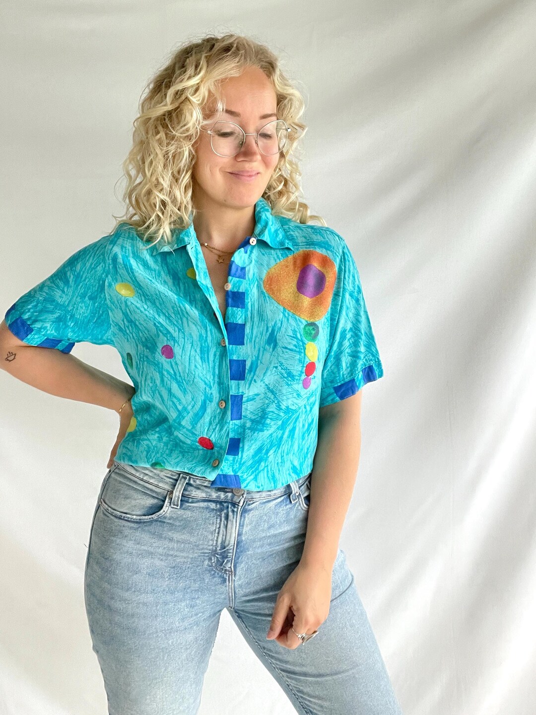 Vintage 80er Jahre Bluse Größe M Viskose Blau mit Punkten - Etsy.de