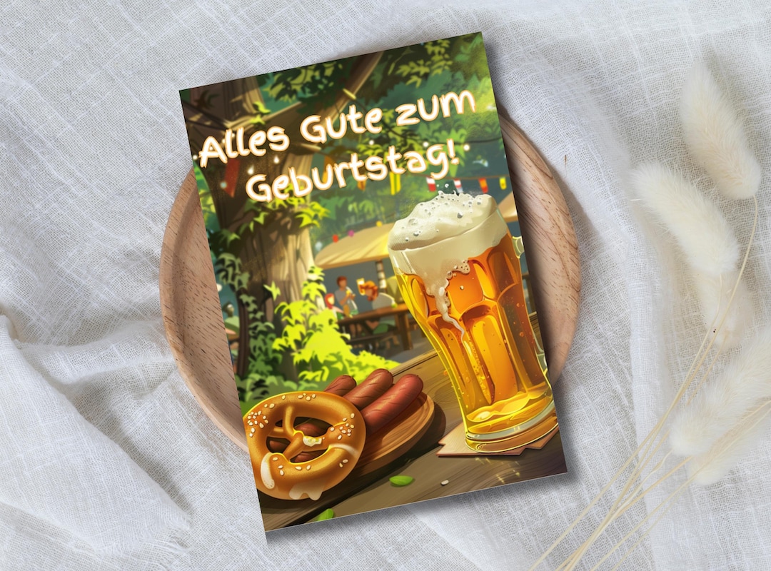 German Birthday Greeting Card With Beer and Pretzel Design, Alles Gute ...