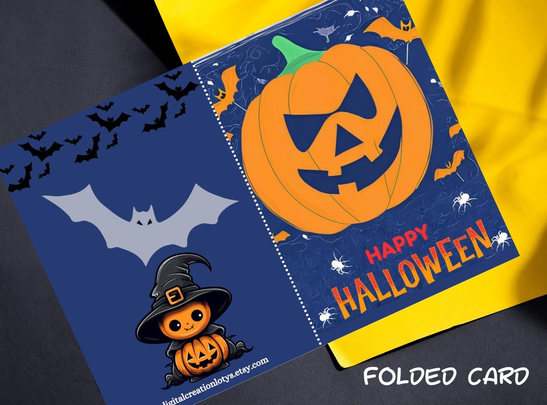 Halloween Scary Pumpkin Printable Card, Bat Design, Gift for Family or ...