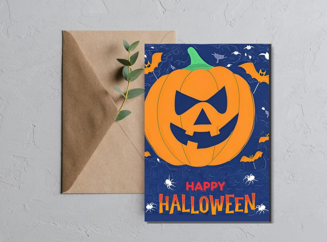 Halloween Scary Pumpkin Printable Card, Bat Design, Gift for Family or ...