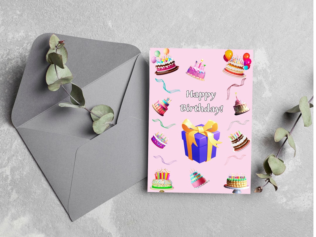 Unique Pink Birthday Card - Illustrated Design and Folded Greeting ...