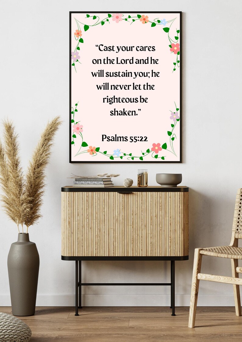 Psalms 55:22, Bible Verse Wall Art Printable, Cast Your Cares on the ...