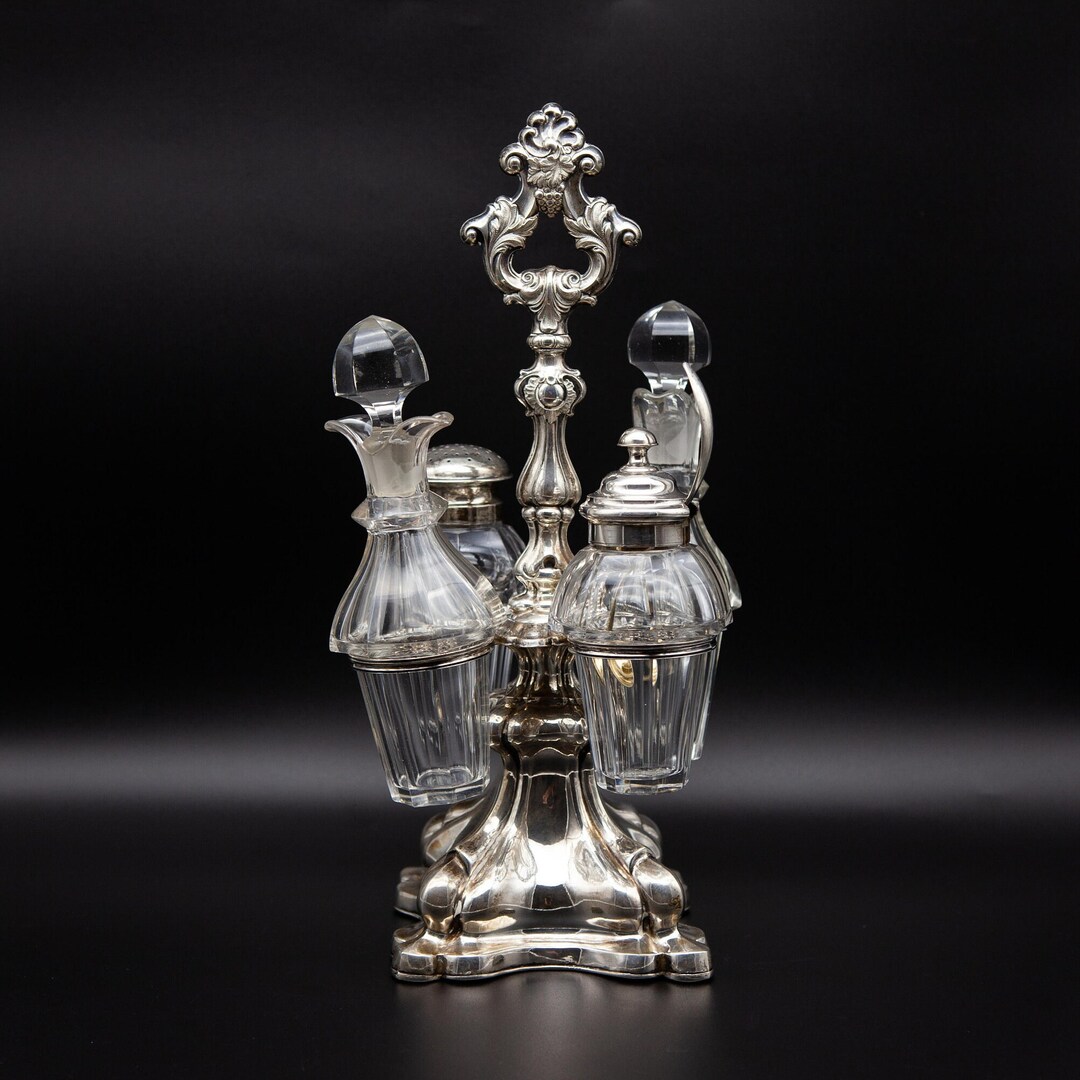 English Antique Cruet Set With a Massive Silver Carrier Consisting a ...