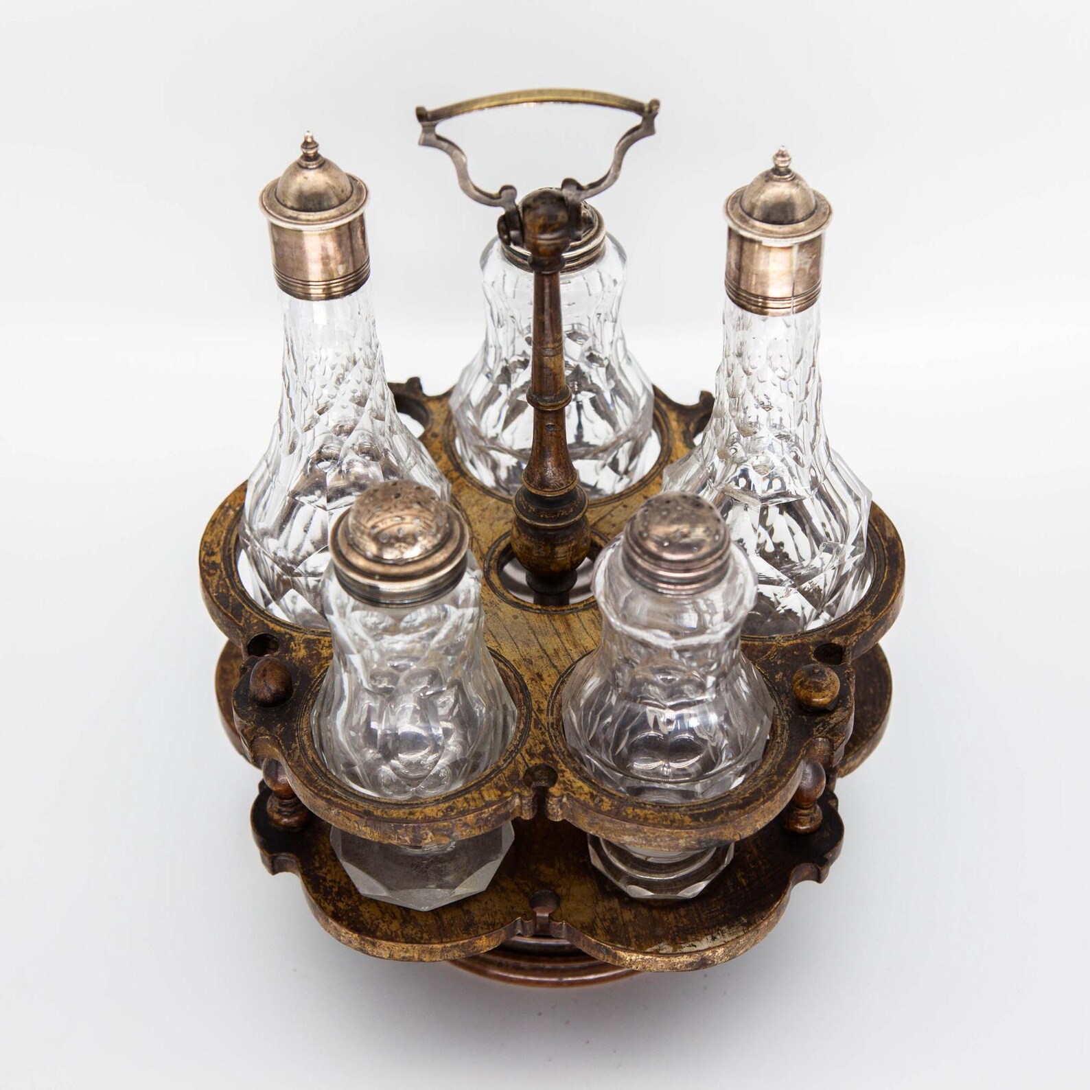 Antique English Cruet Set: Mahogany Carrier, Silver-topped Bottles ...