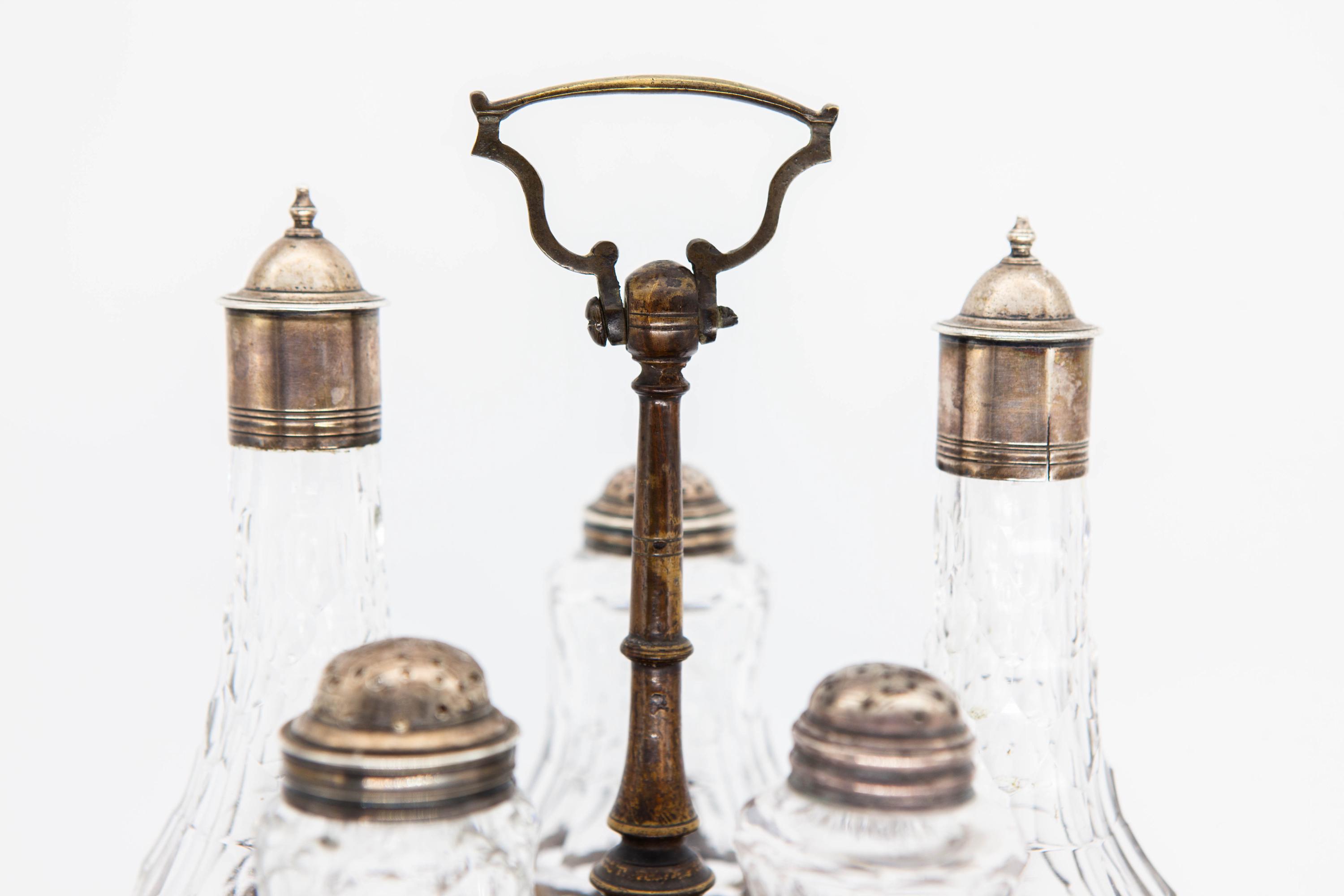 Antique English Cruet Set: Mahogany Carrier, Silver-topped Bottles ...