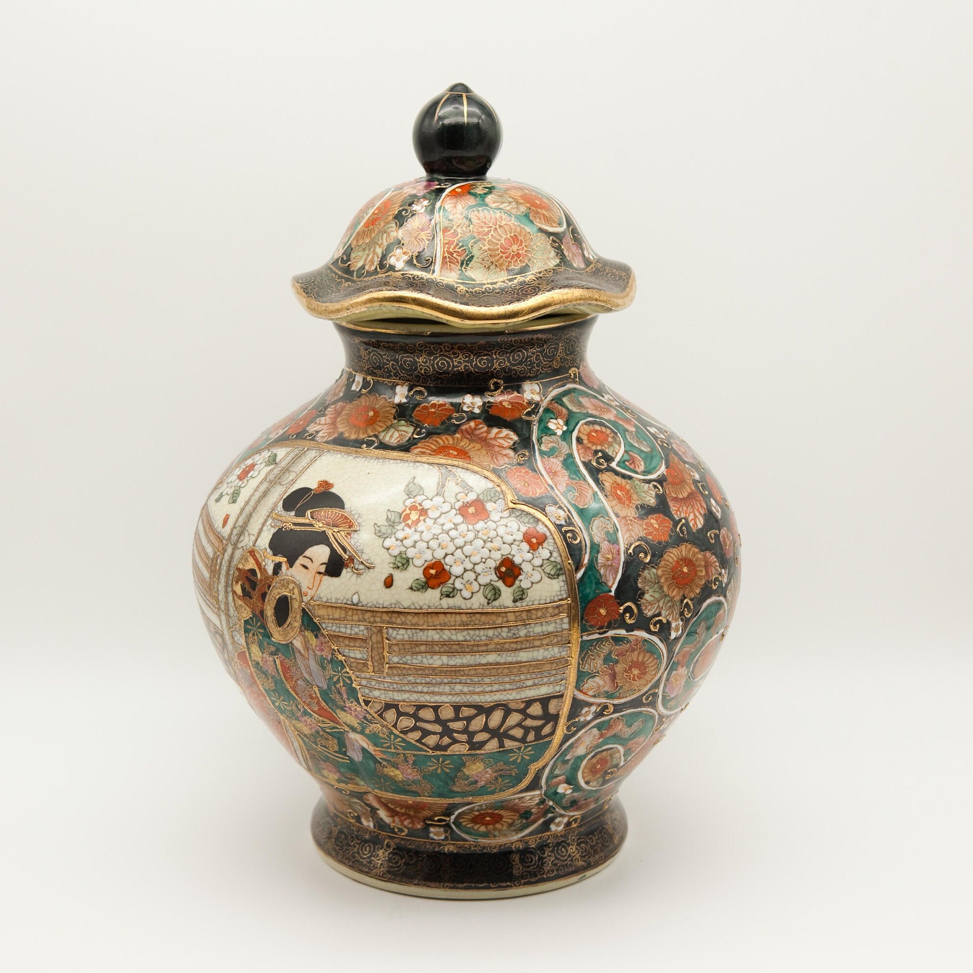 Satsuma Ginger Jar With Lid Decorated With a Geisha and Flowers ...