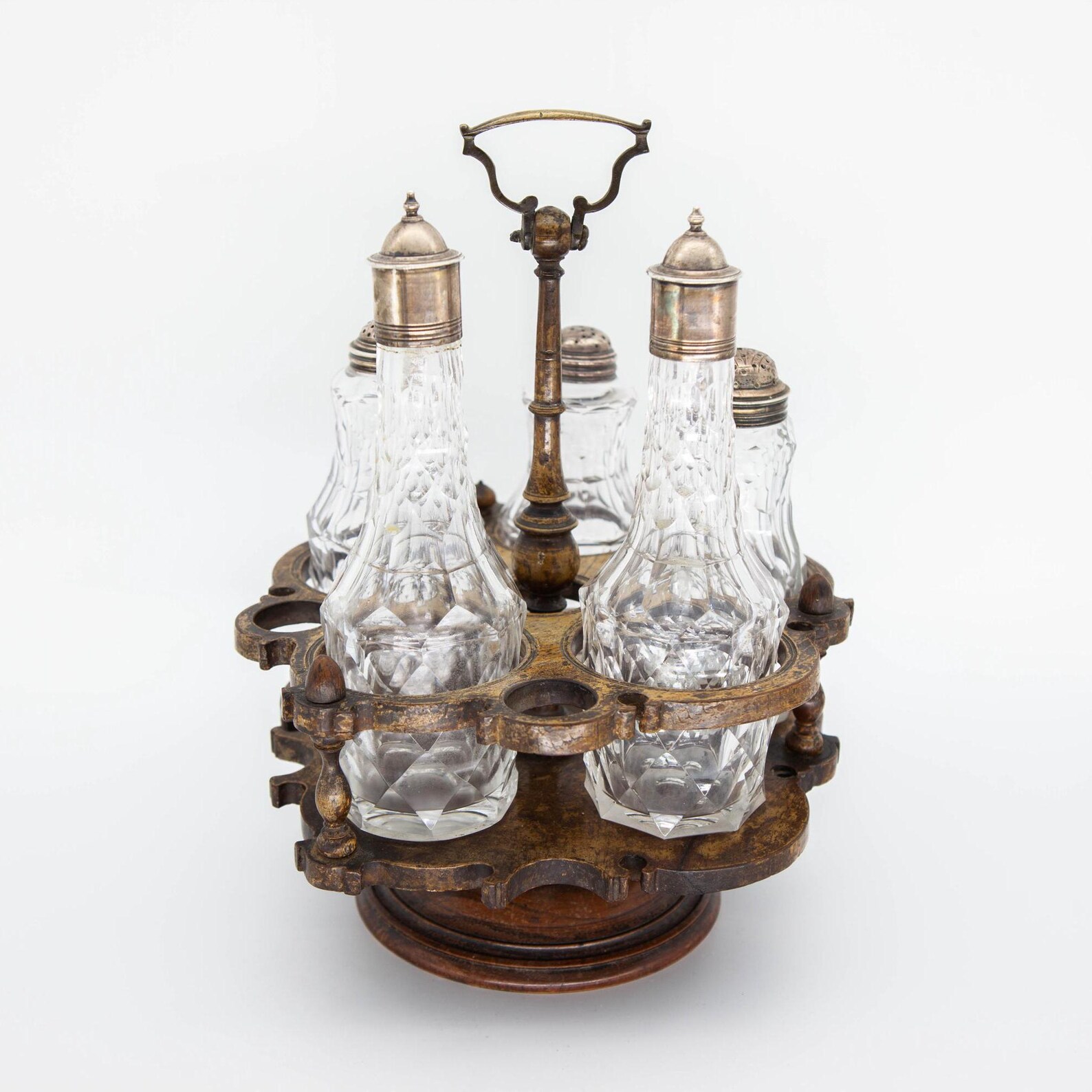 Antique English Cruet Set: Mahogany Carrier, Silver-topped Bottles ...