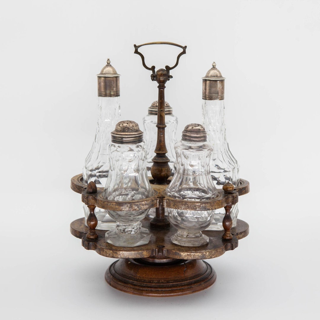 Antique English Cruet Set: Mahogany Carrier, Silver-topped Bottles ...