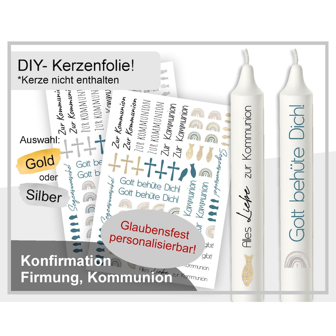 Candle Foil Candle Tattoo Communion Confirmation Personalizable Water ...