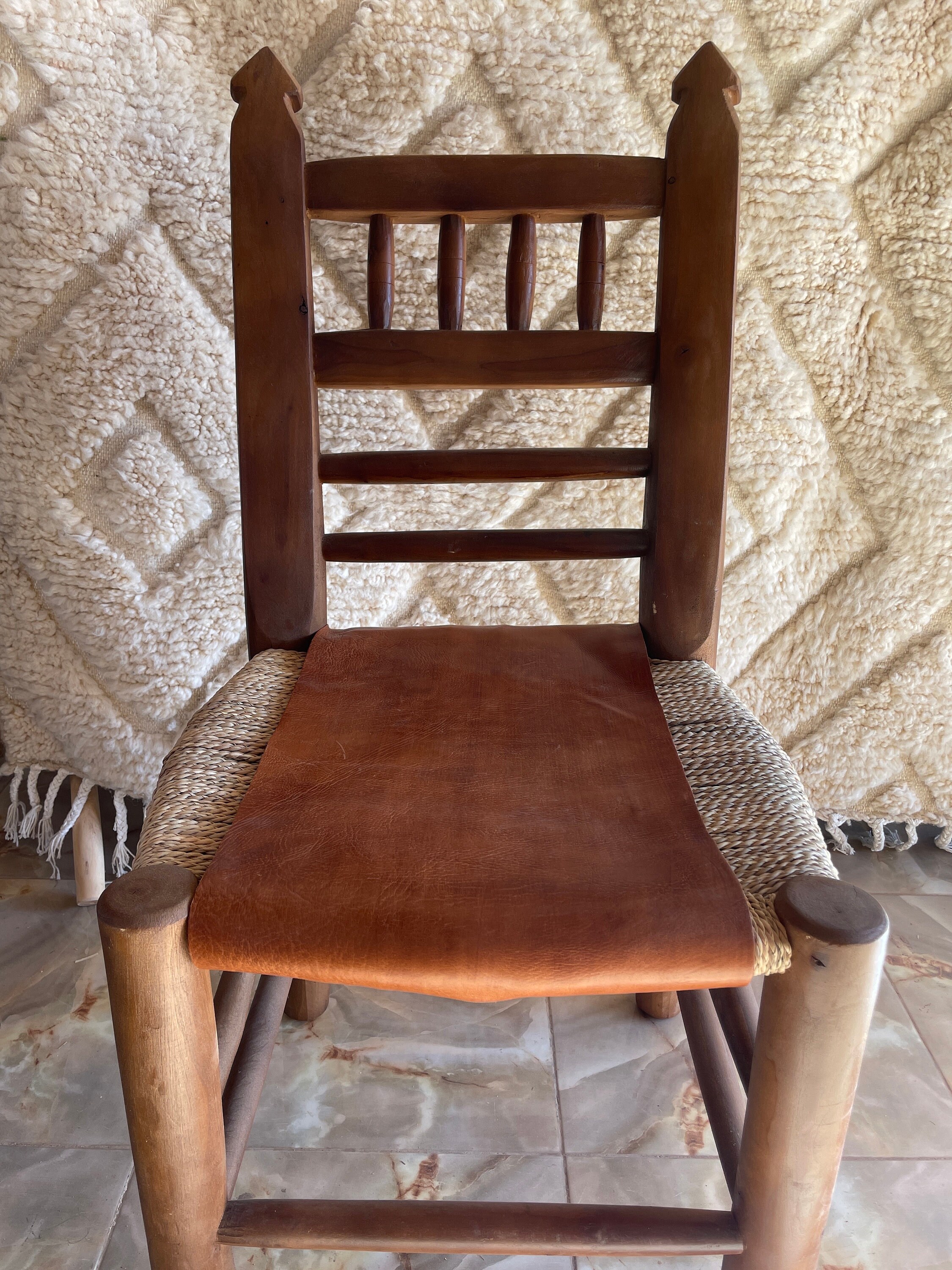 Moroccan Bar Stool in Walnut Wood With Leather Seat, Handmade Moroccan ...