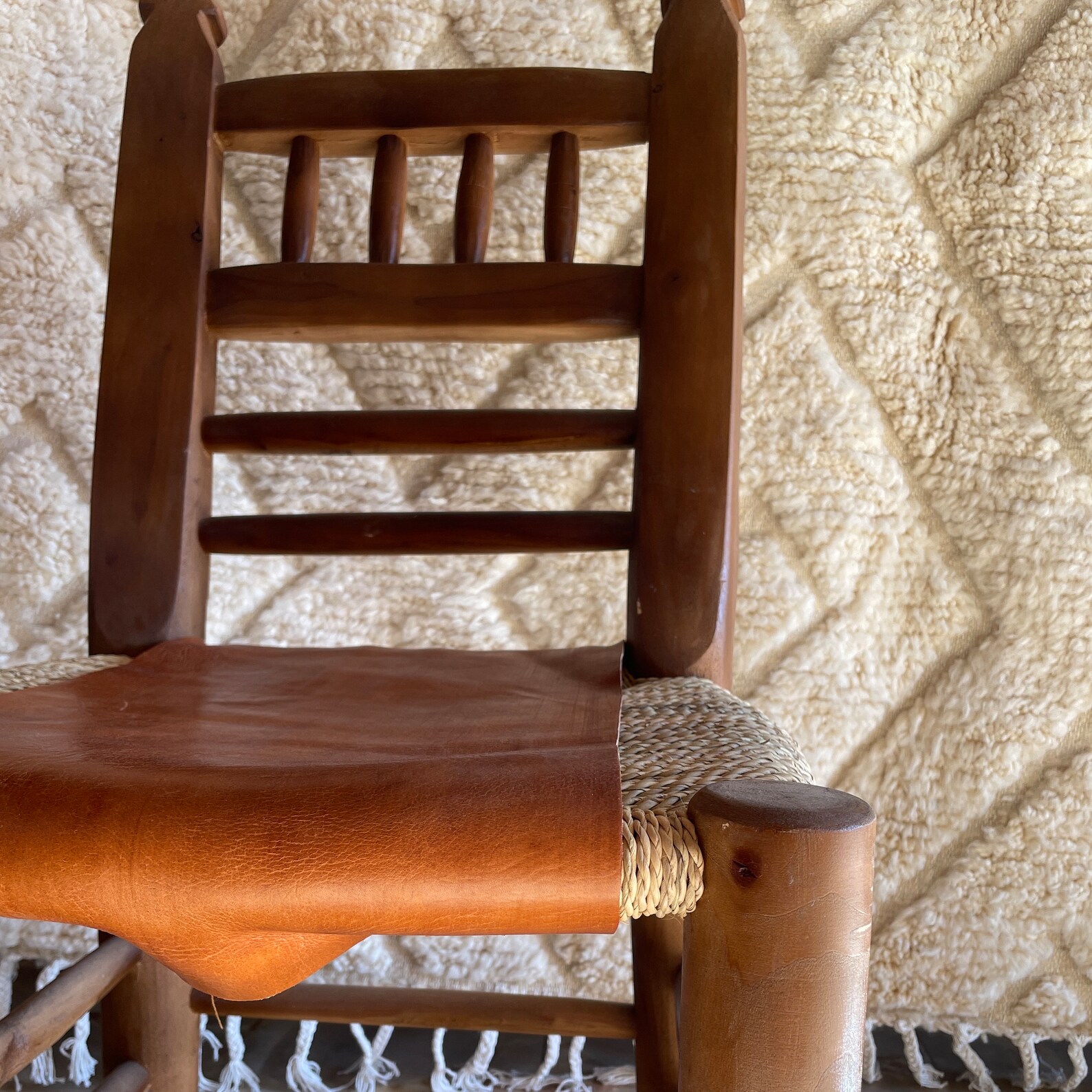 Moroccan Bar Stool in Walnut Wood With Leather Seat, Handmade Moroccan ...