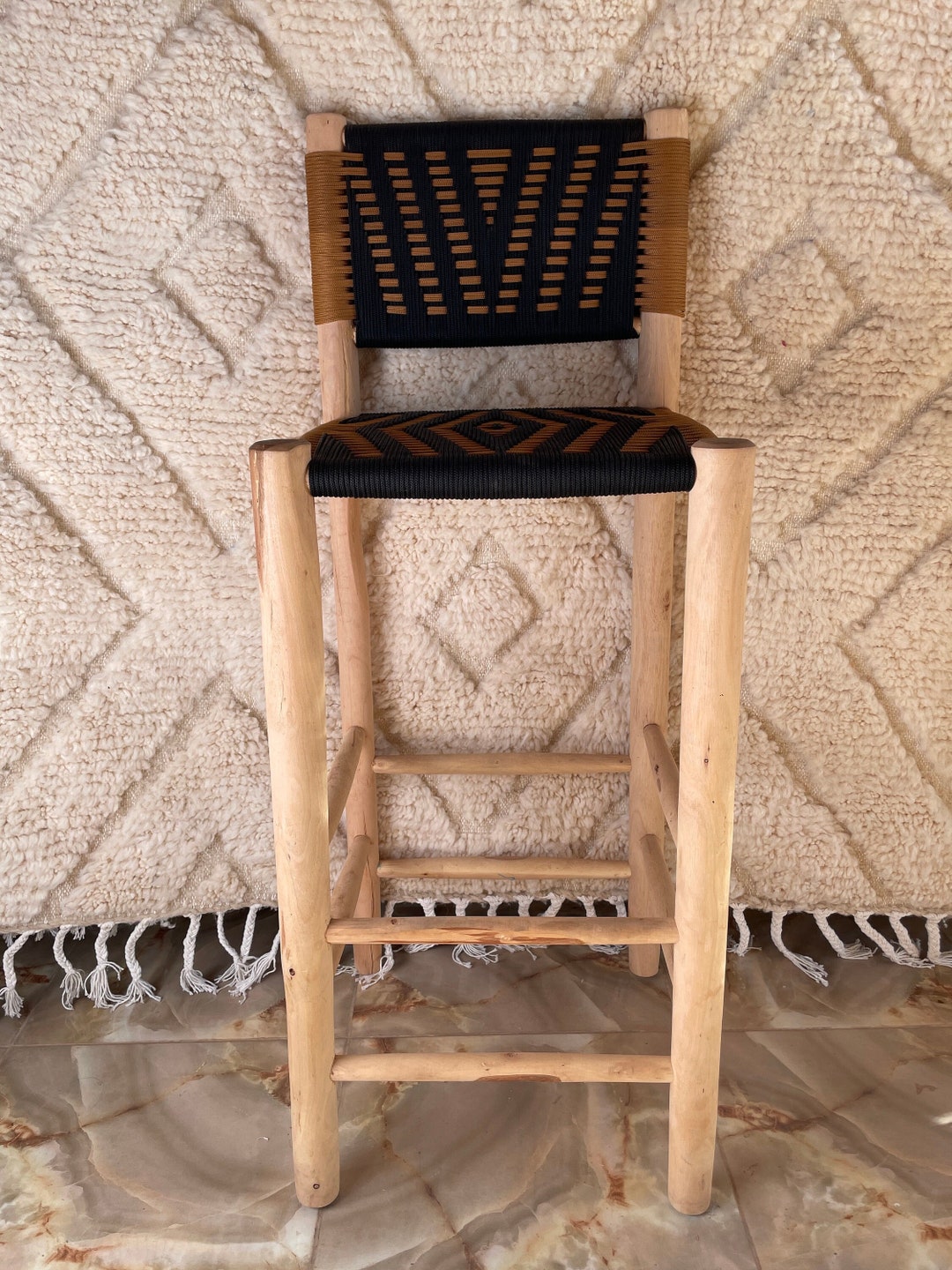Moroccan Tall Bar Stool With Texture, Laurel Wood With Fabric Seat ...
