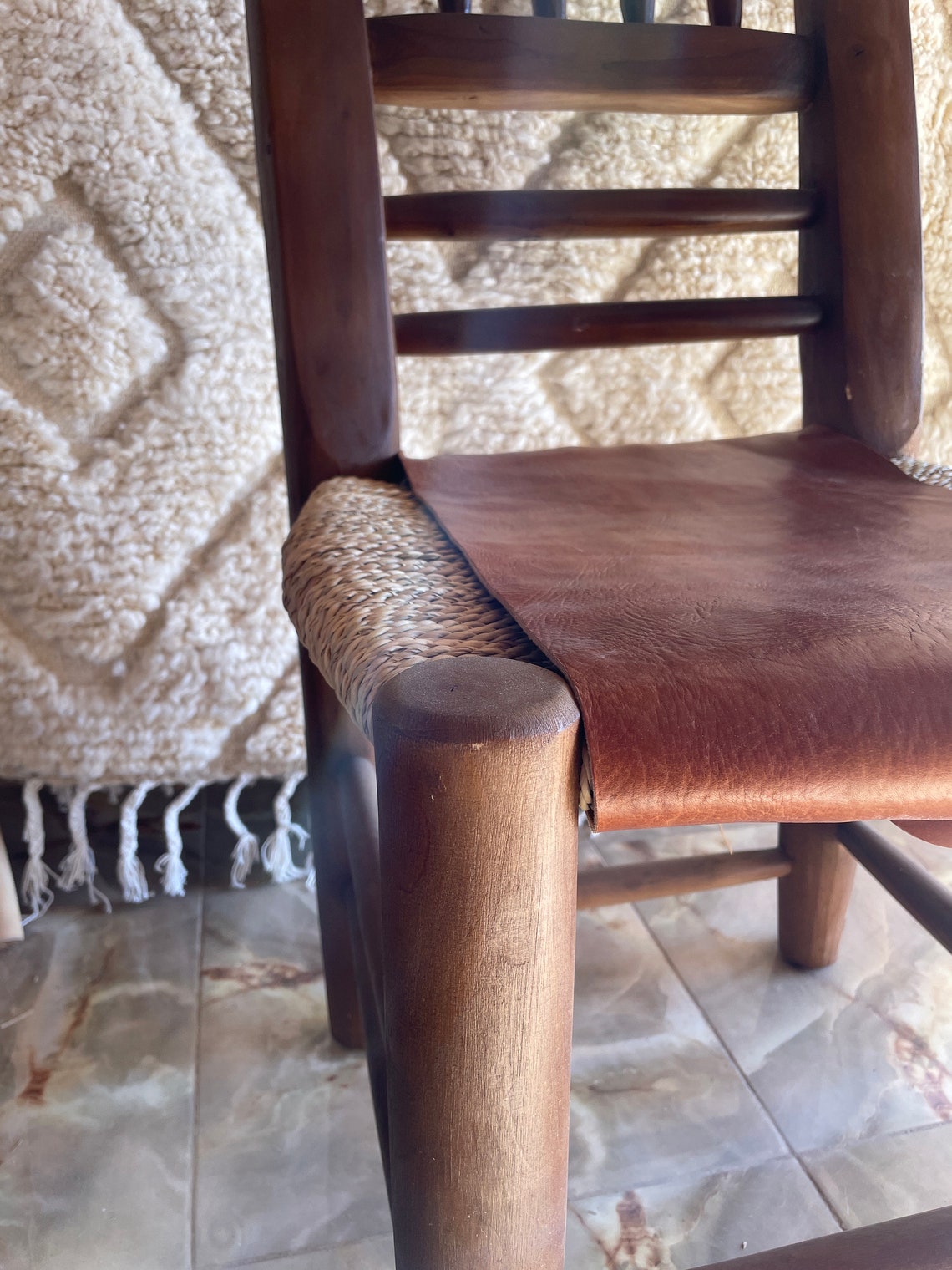 Moroccan Bar Stool in Walnut Wood With Leather Seat, Handmade Moroccan ...