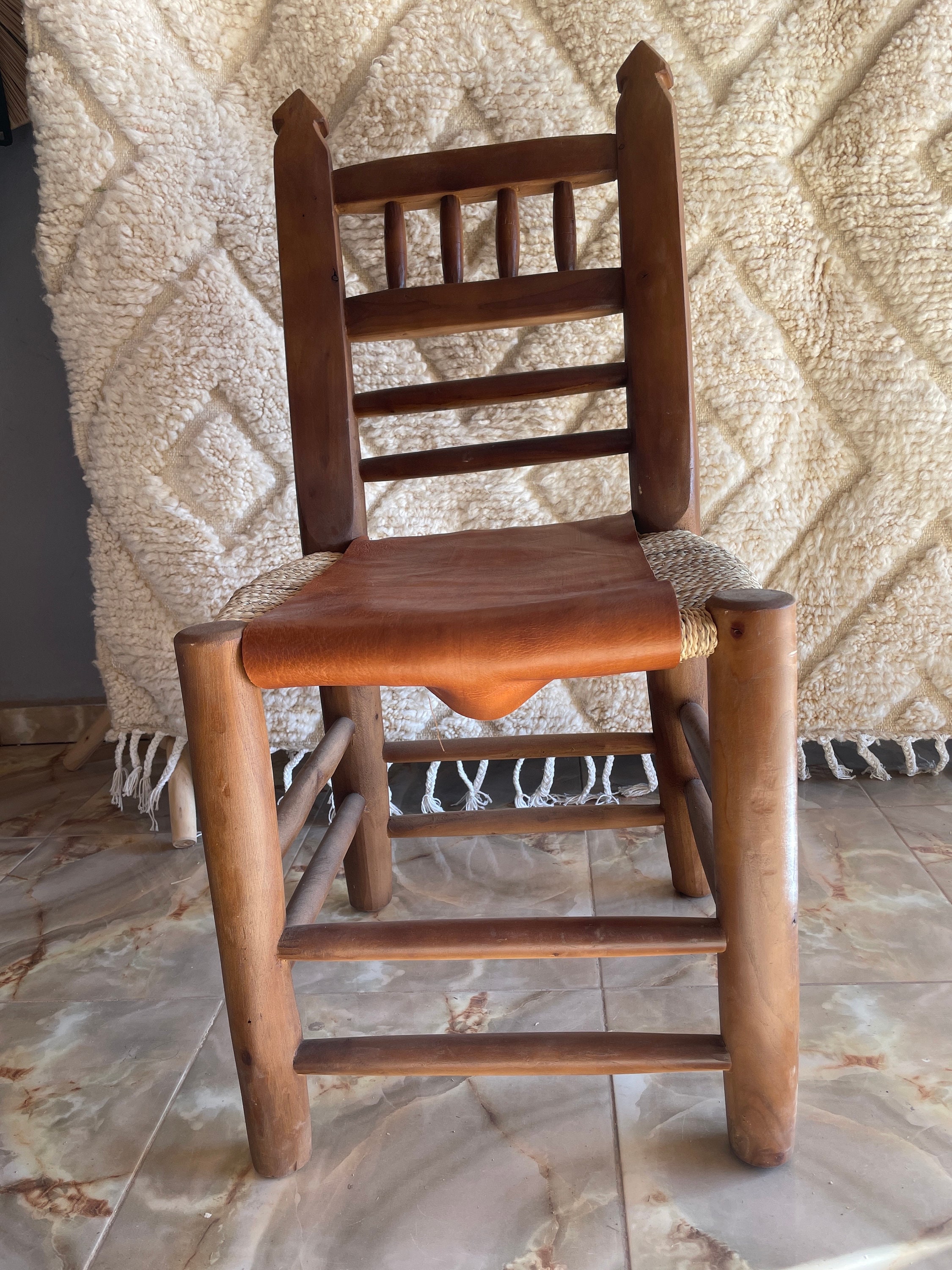 Moroccan Bar Stool in Walnut Wood With Leather Seat, Handmade Moroccan ...