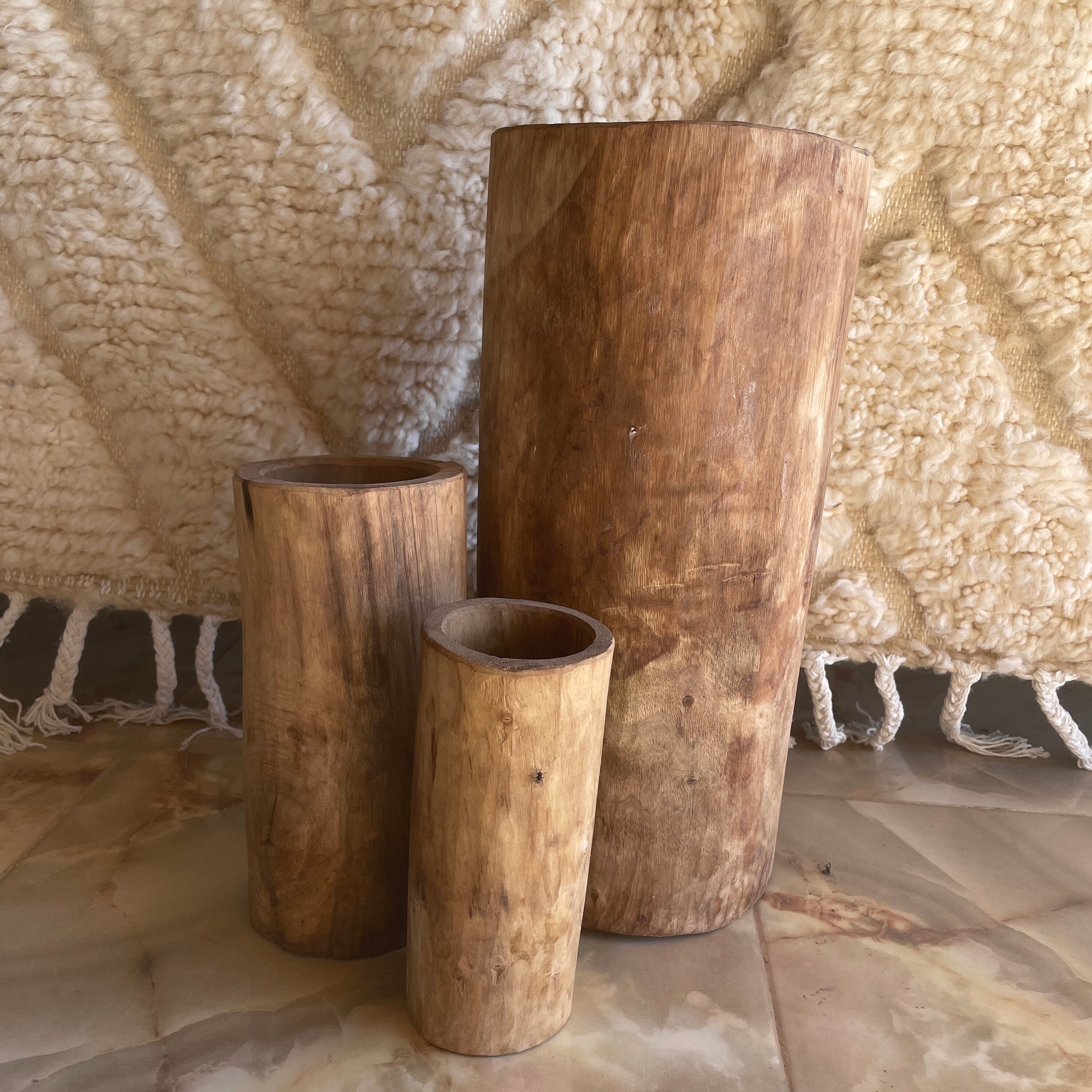 Hand Carved Wooden Vase, Heavy Wooden Log Vases, Rustic Style Vase for ...