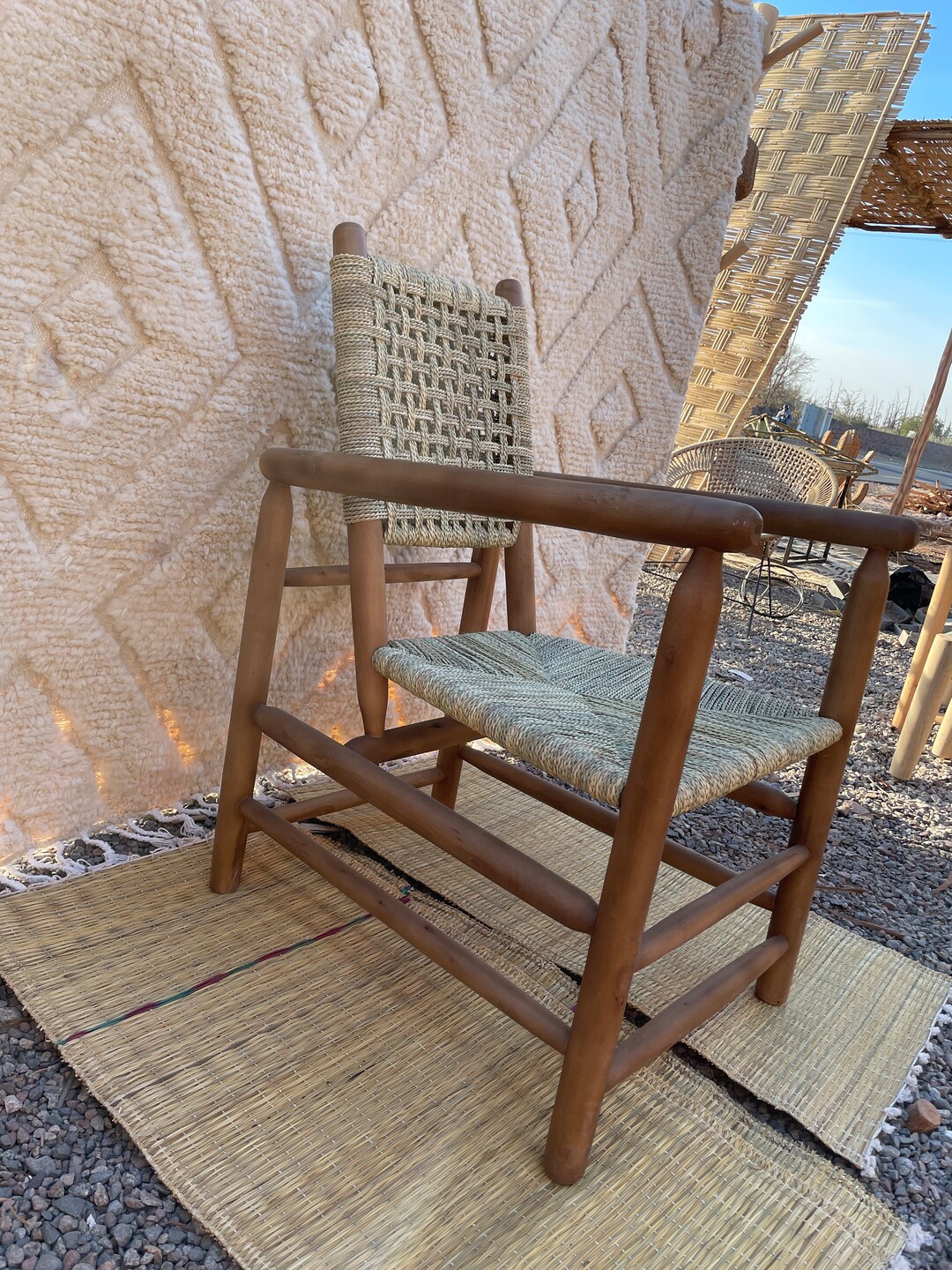 Handwoven Moroccan Chair, Grid Pattern, Accent Chair, With a Dark Brown ...