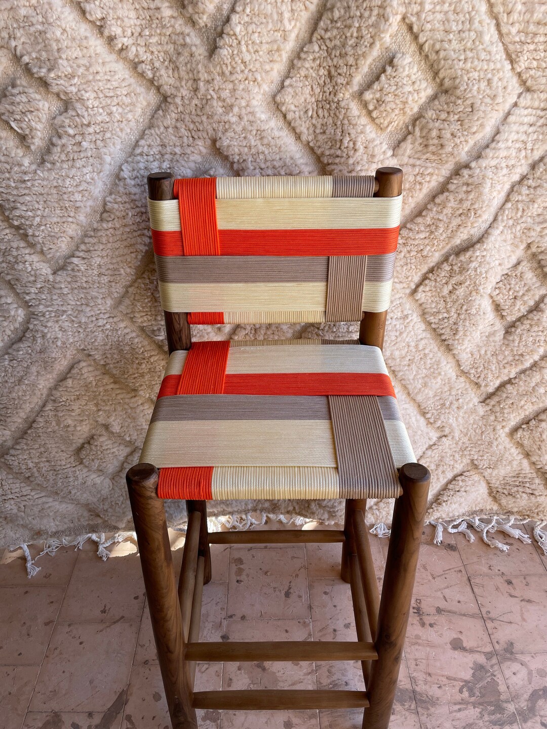 Wooden Bar Chair, Orange and Beige Braiding, Made by Hand and ...