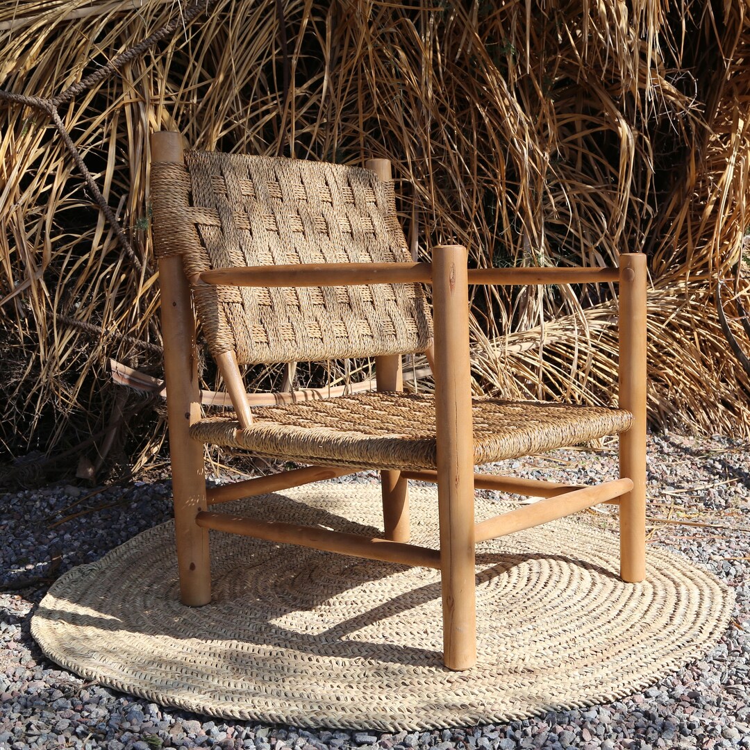 Handmade Moroccan Lounge Chair, Handwoven Walnut Wood Straw Chair ...