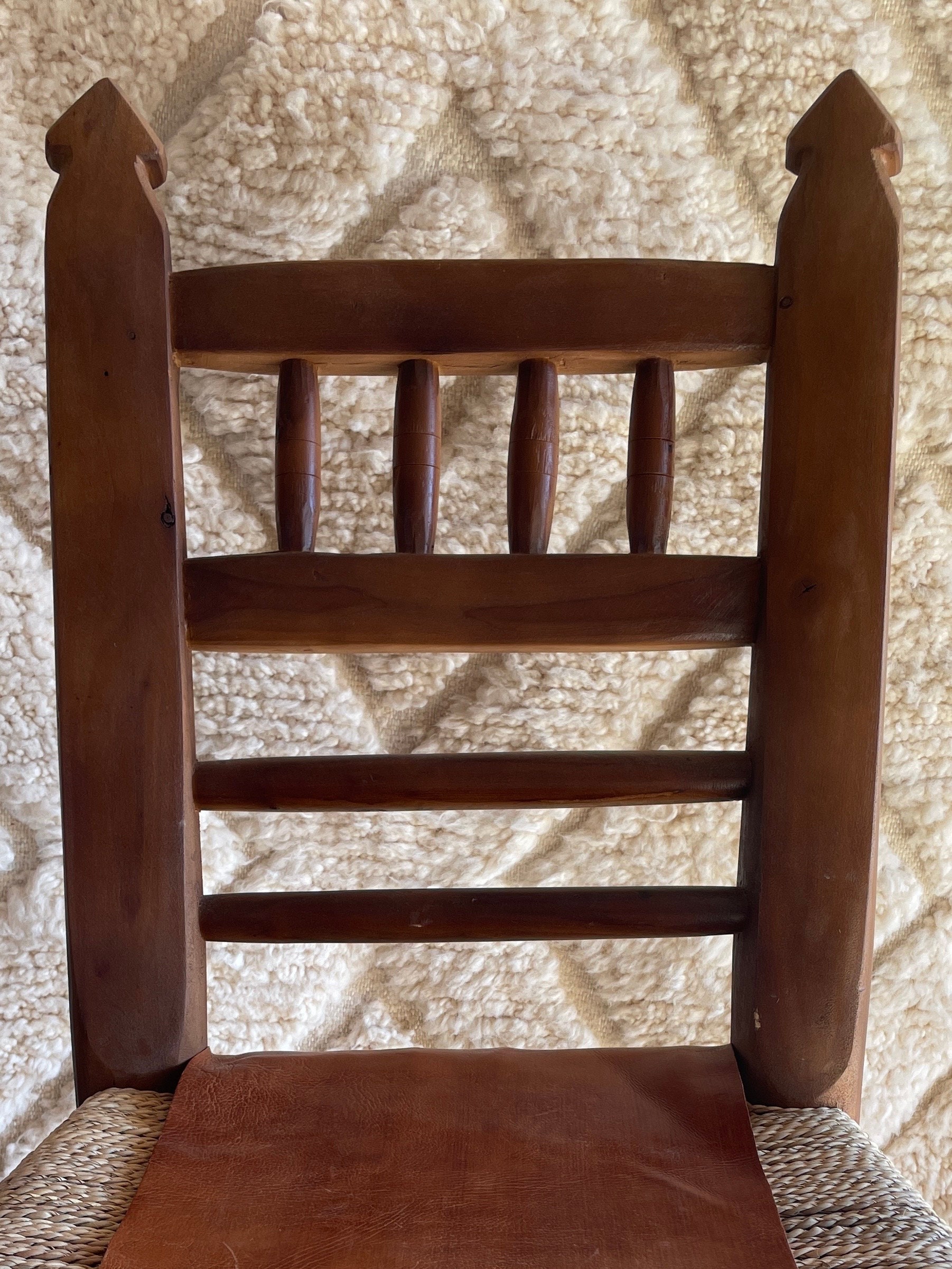 Moroccan Bar Stool in Walnut Wood With Leather Seat, Handmade Moroccan ...