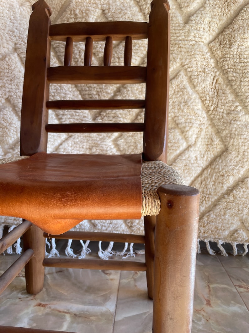 Moroccan Bar Stool in Walnut Wood With Leather Seat, Handmade Moroccan ...