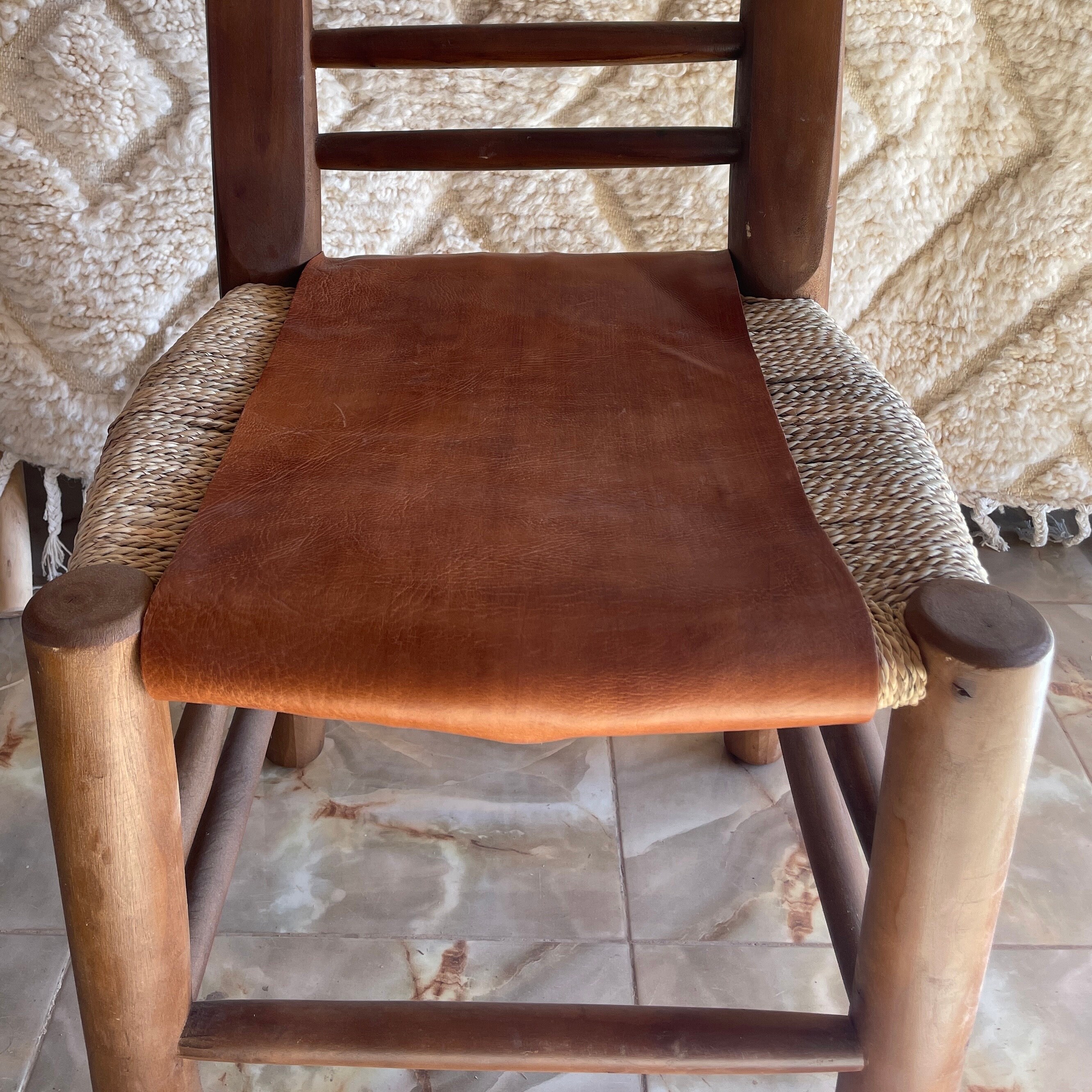 Moroccan Bar Stool in Walnut Wood With Leather Seat, Handmade Moroccan ...