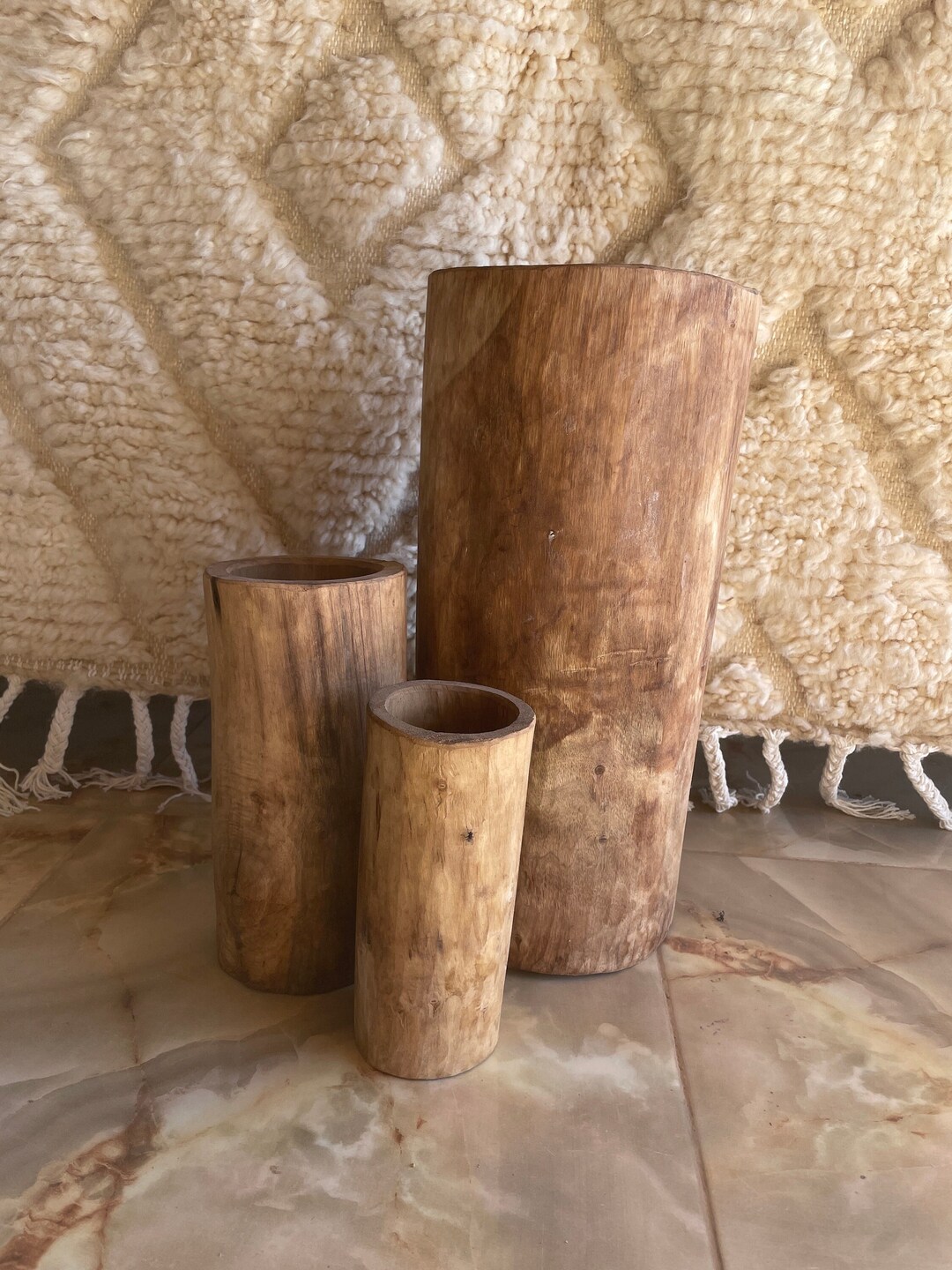 Hand Carved Wooden Vase, Wooden Log Vases, Rustic Boho Style Vase for ...