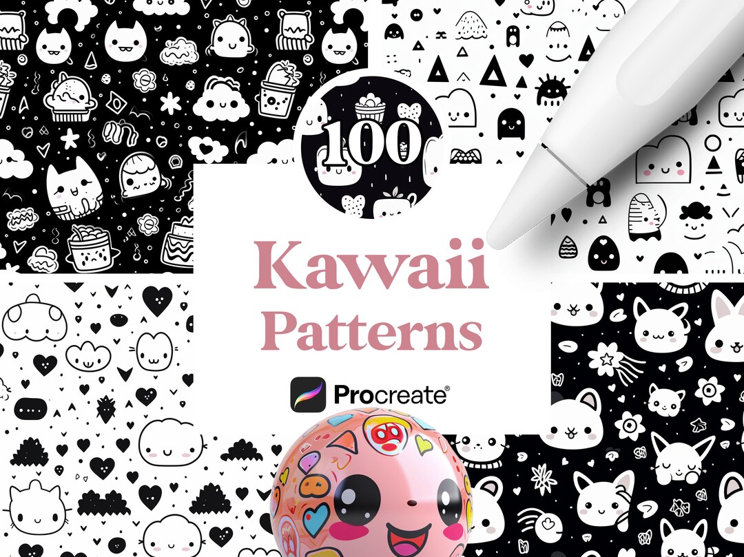 100 Procreate Kawaii Patterns, Cute Kawaii Seamless Textures, Digital ...
