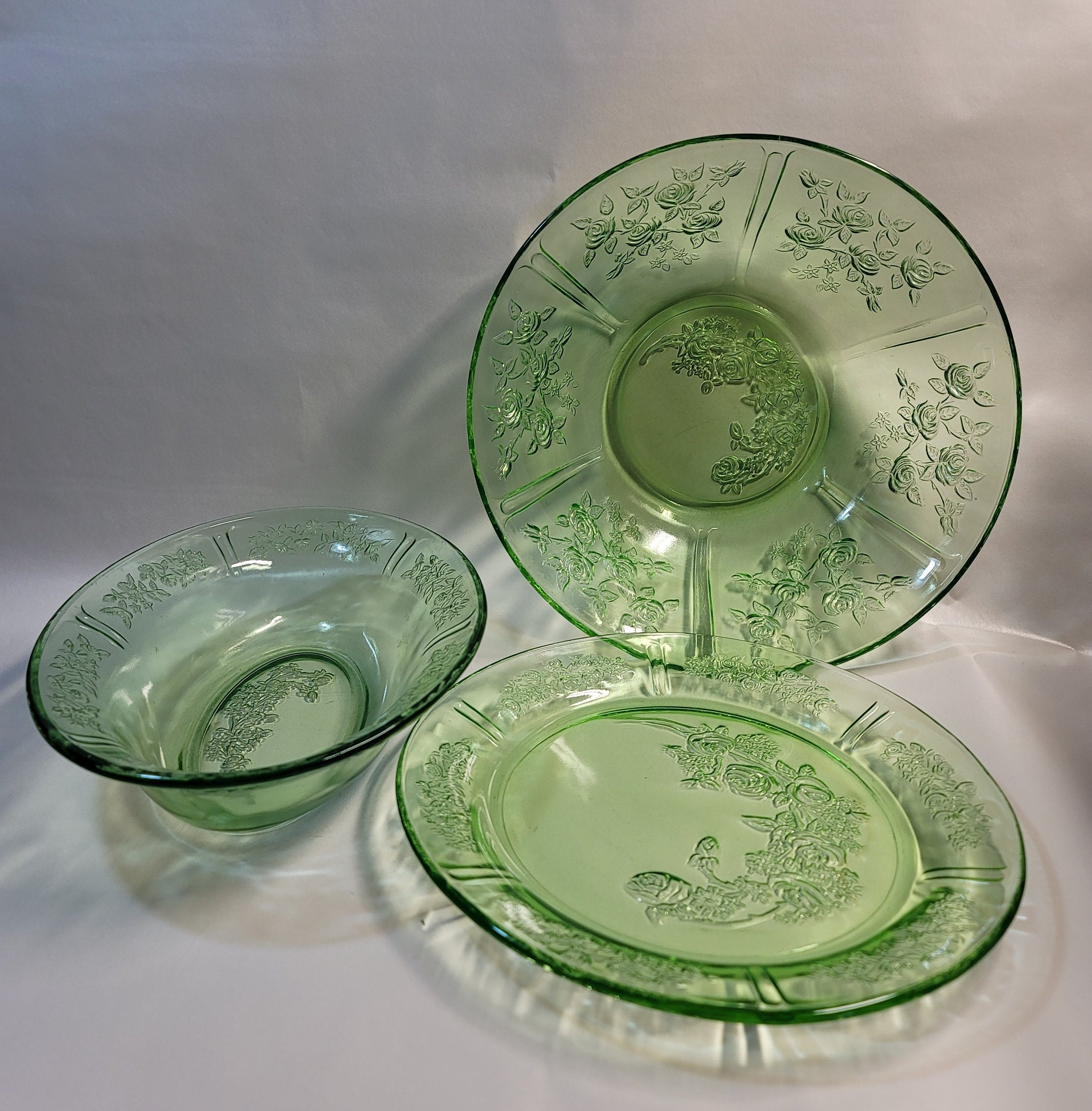 Vintage Green Depression Glass Plate, Salad Bowl, Fruit Bowl, Uranium ...