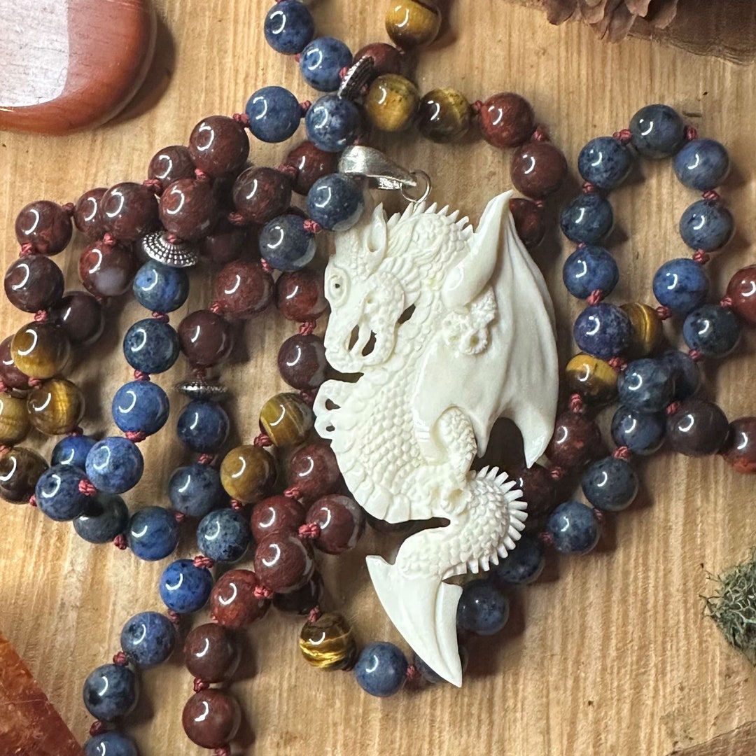 Dragon Mala, Crystal Beaded Mala, Dragon Beaded Necklace, Bone Pendant ...