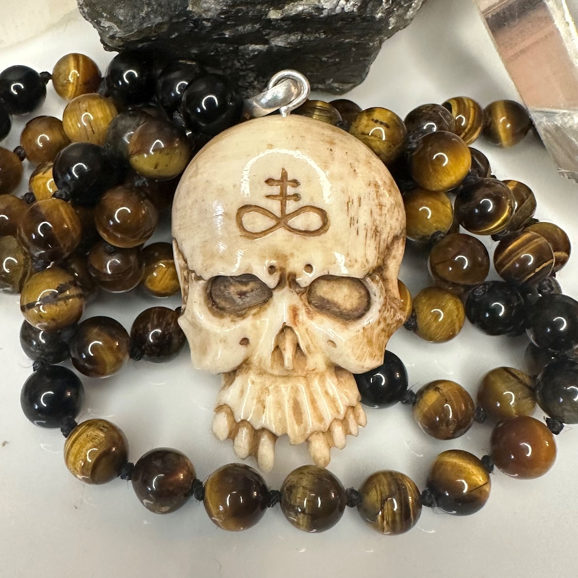 Skull Mala, Crystal Beaded Mala, Intentional Necklace, Tigers Eye ...