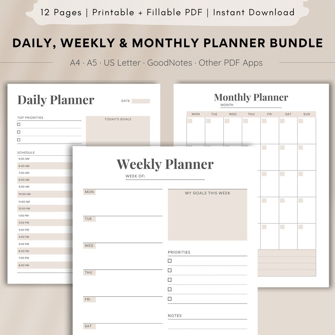 Daily, Weekly, Monthly Planner, Simple and Chic, Digital and Printable ...