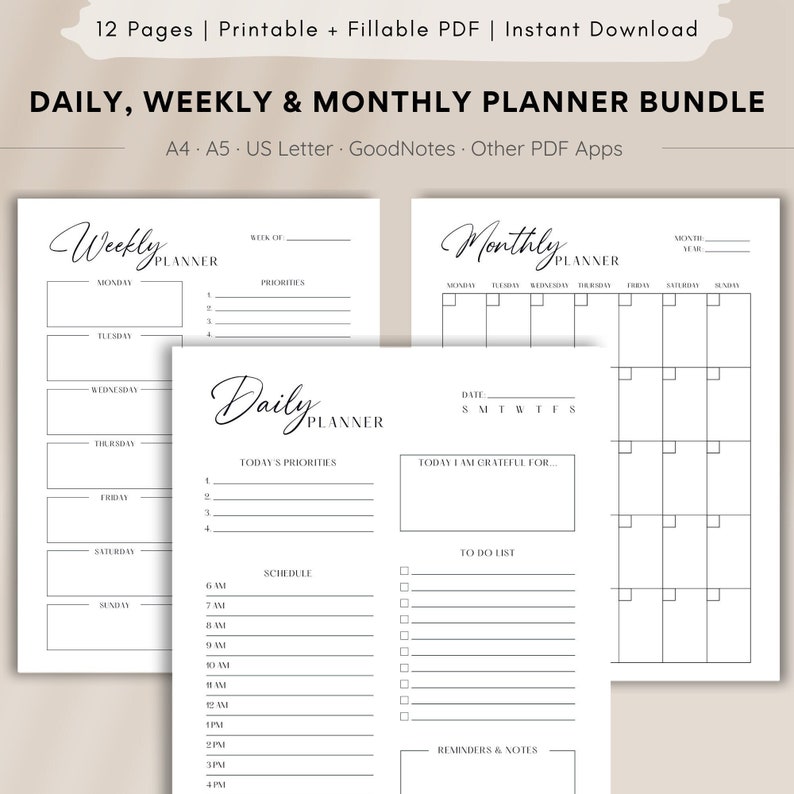 Daily, Weekly, Monthly Planner Bundle, Printable and Digital Planner ...