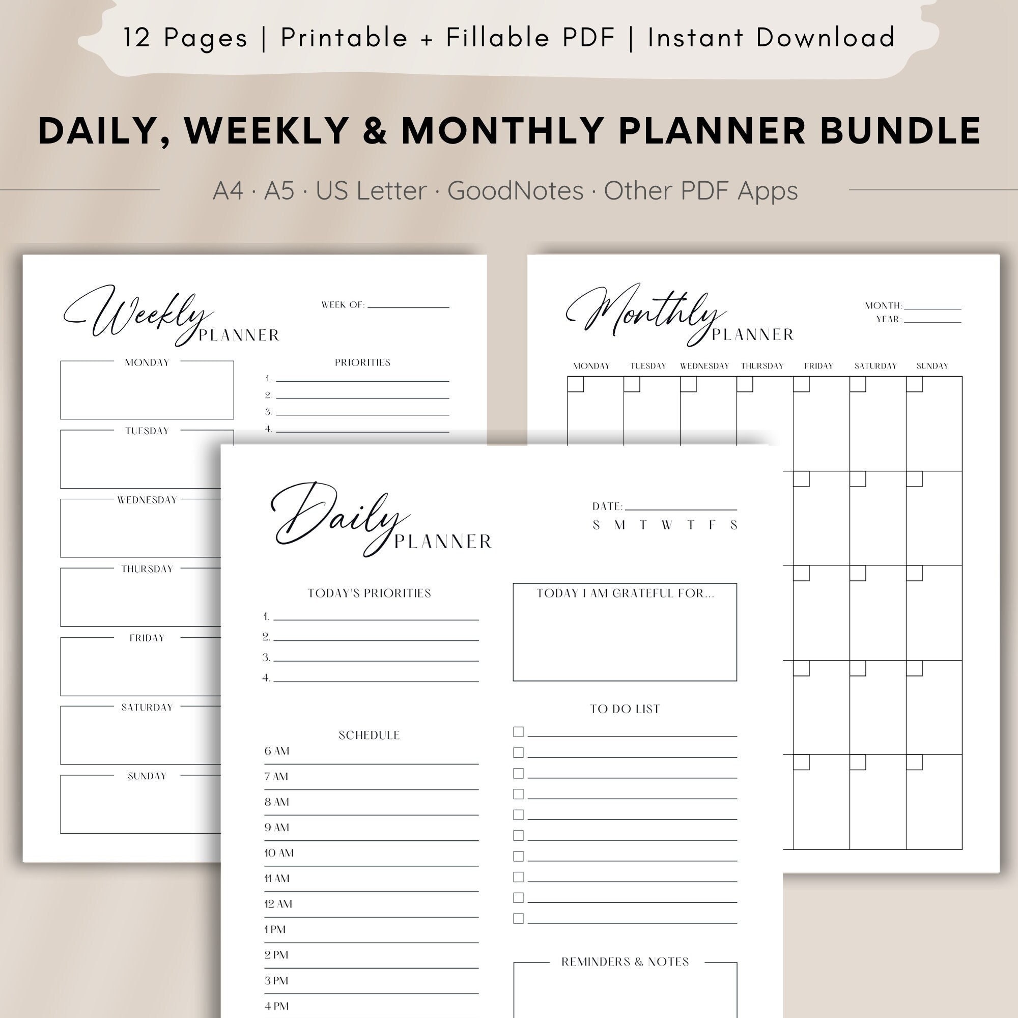 Daily, Weekly, Monthly Planner Bundle, Printable and Digital Planner ...