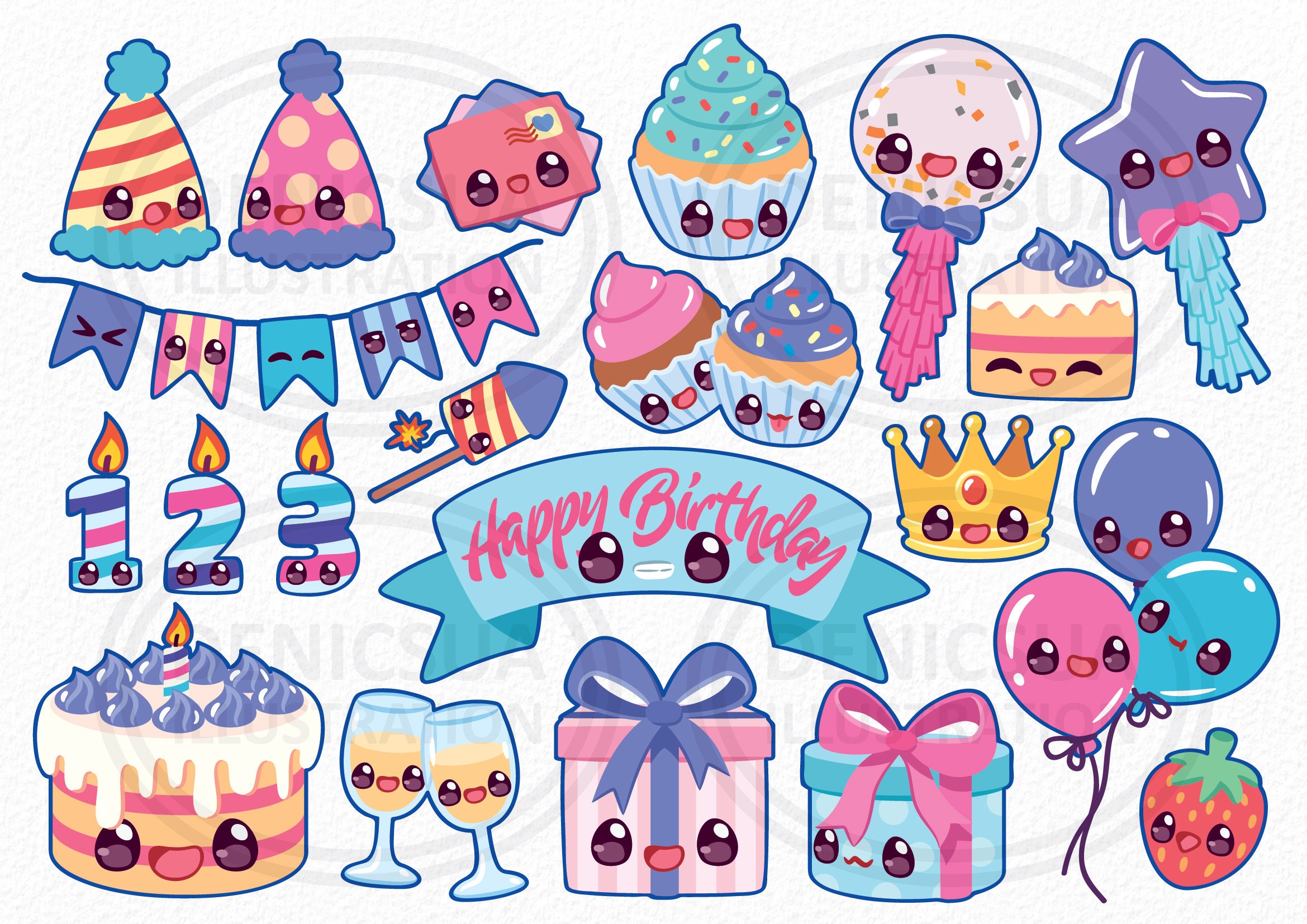 Birthday Party Clipart Kawaii Celebration Happy Birthday - Etsy UK