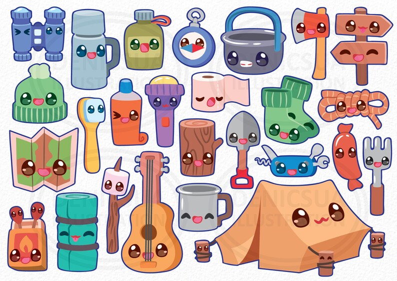 Camping Clipart Summer Travel Vector Kawaii Outdoor Tent - Etsy