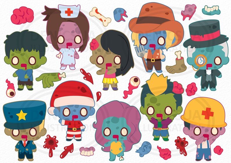 Zombie Clipart Chibi Zombie Cute Brain Alive Zombie Scary - Etsy
