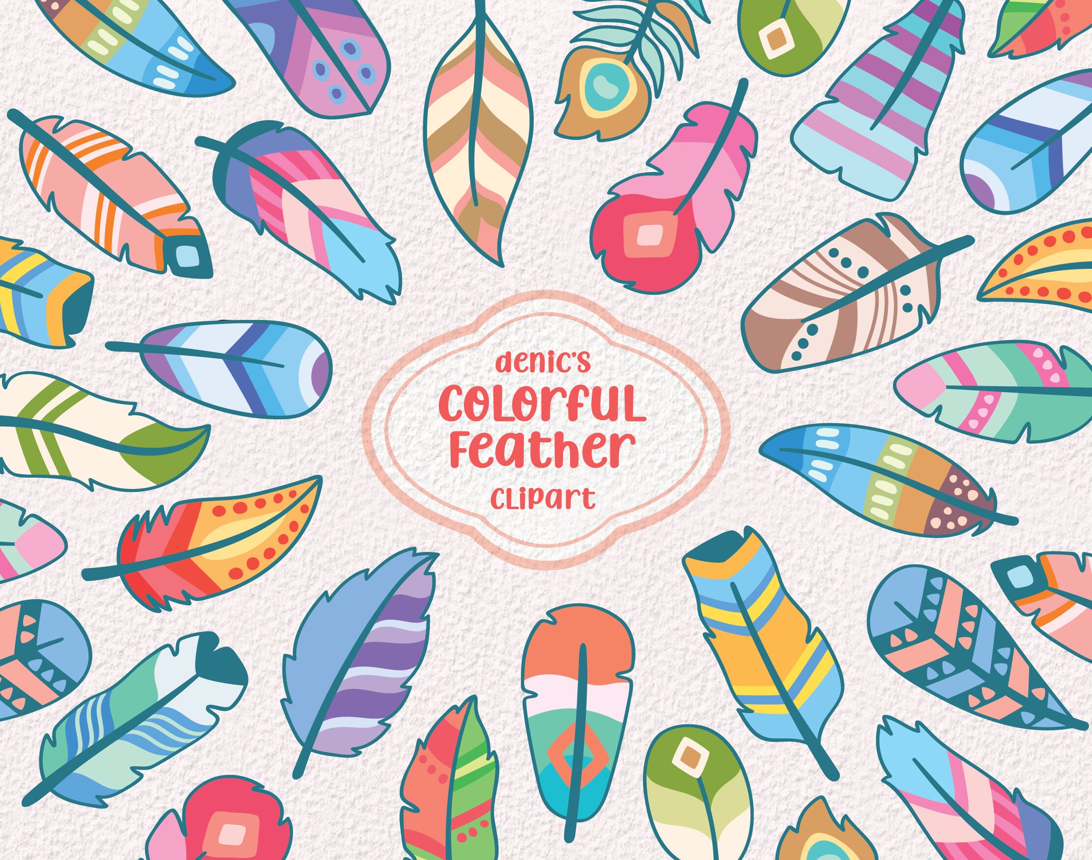 Colorful Feather Clipart, Boho Elements Vector, Kawaii Tribal, Cute ...