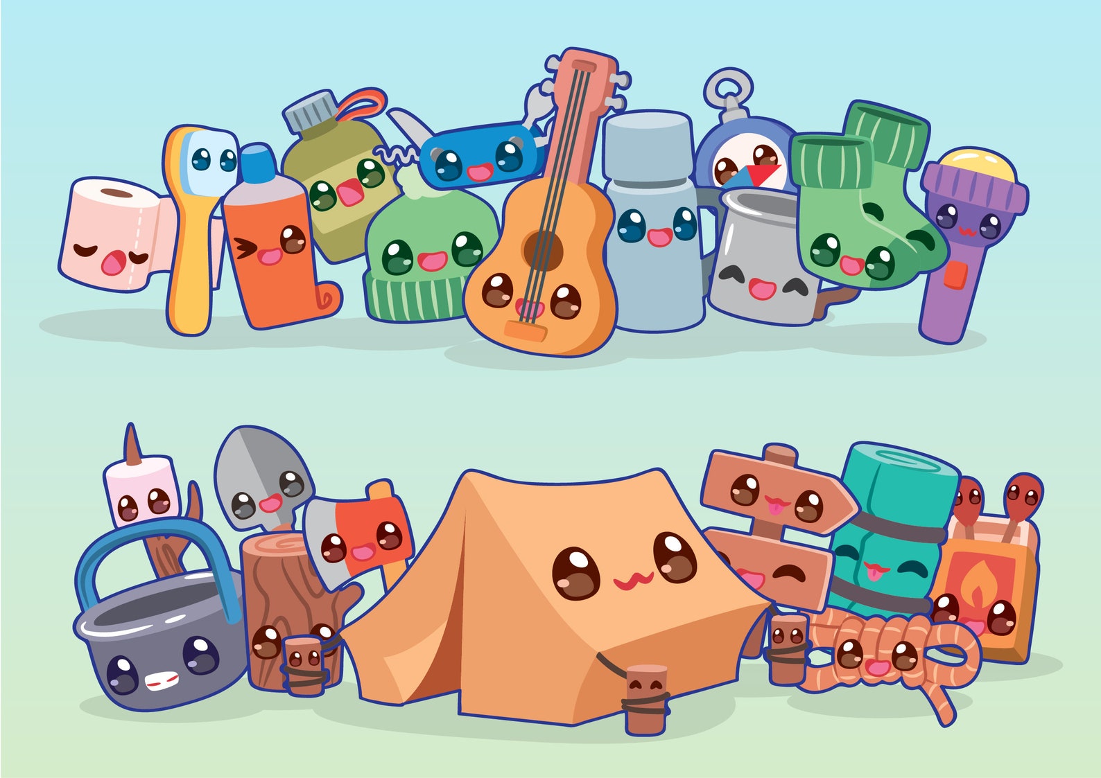 Camping Clipart Summer Travel Vector Kawaii Outdoor Tent - Etsy